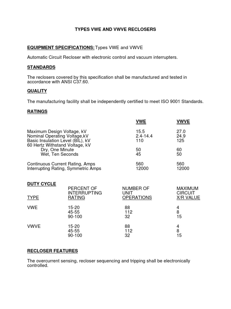 Types of VWE and VWVE Reclosers | PDF | Power (Physics) | Electrical ...