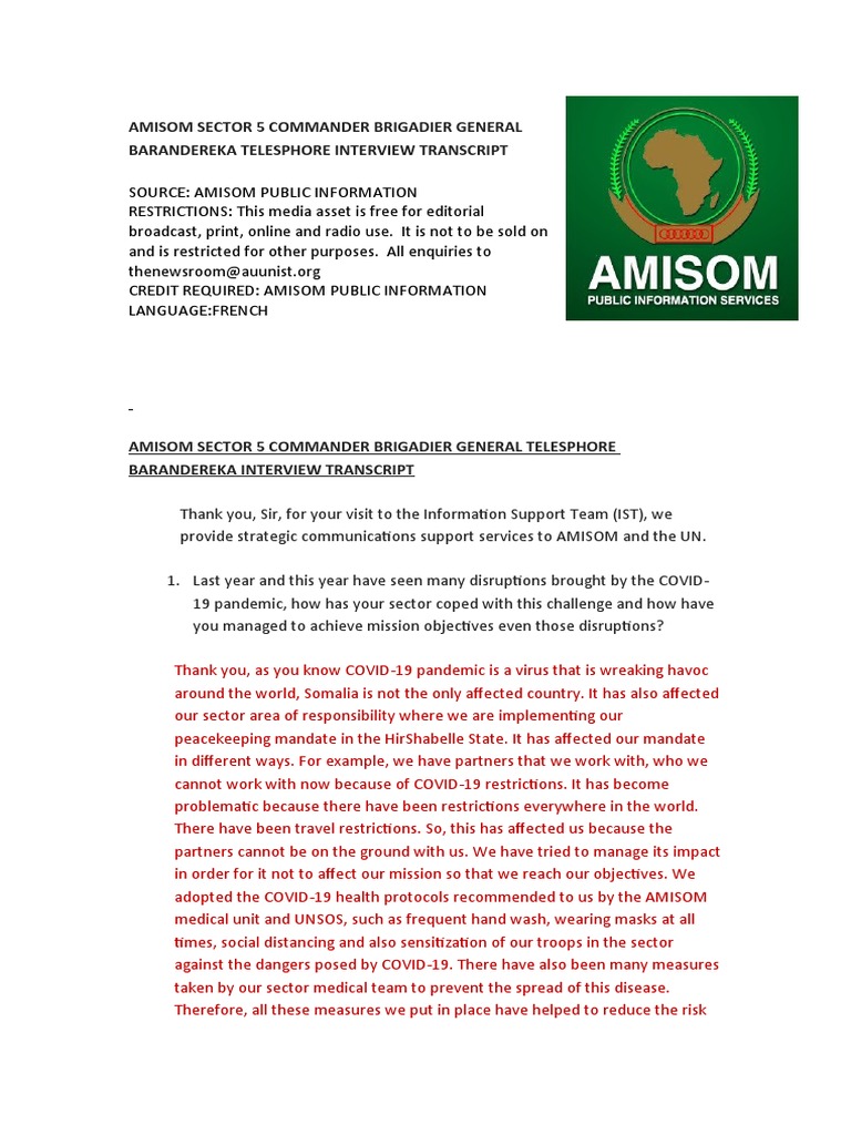 AMISOM Sector 5 Commander Brigadier General Barandereka Telesphore ...