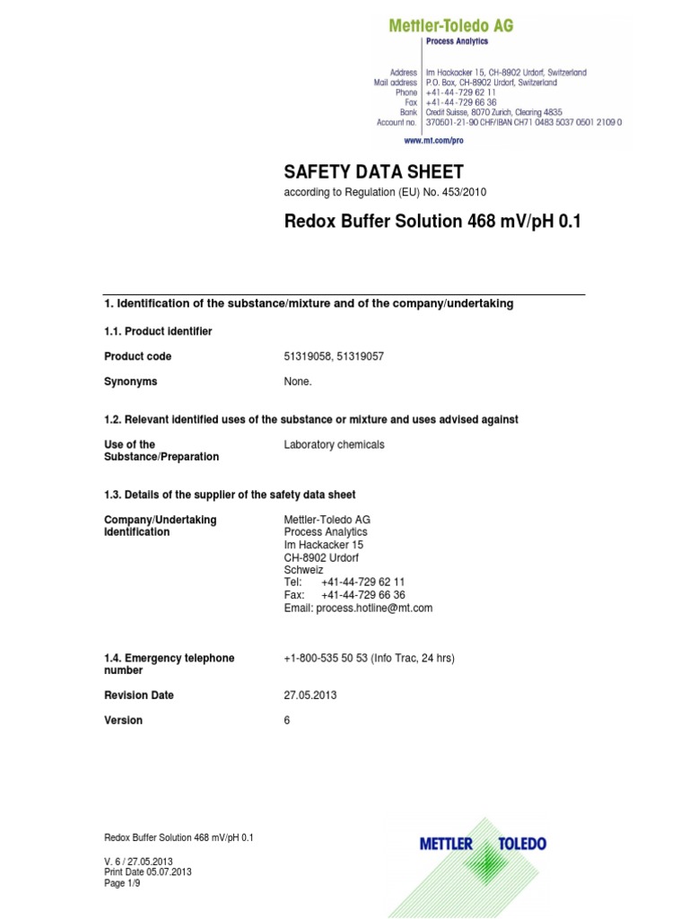Redox Buffer Solution 468 MV - PH 0.1 - en | PDF | Toxicity | Firefighting