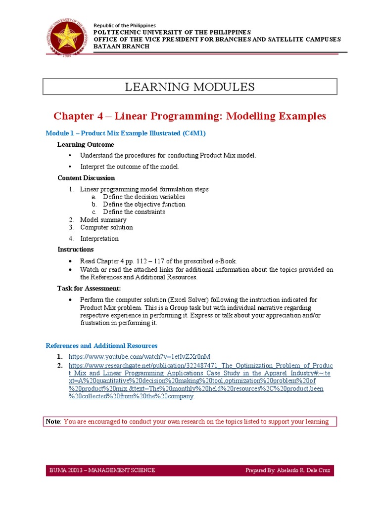 Linear Programming Module: Product Mix, Investment, and Marketing ...