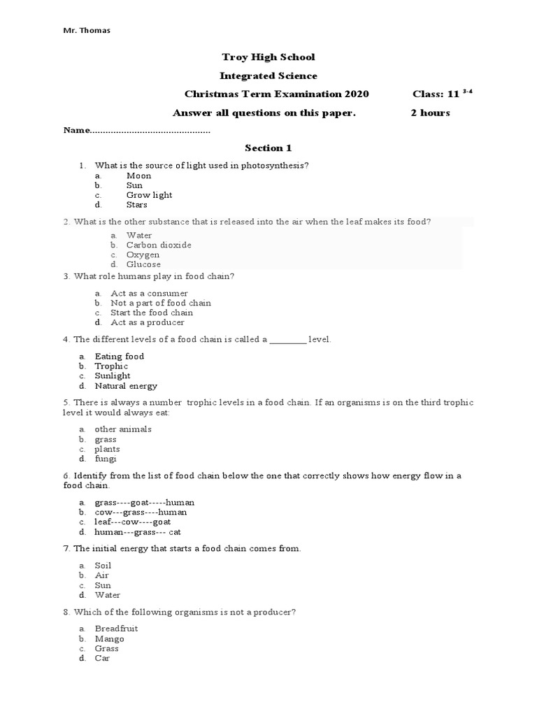 Troy High School Integrated Science Exam 11-3-4 | PDF | Food Web ...