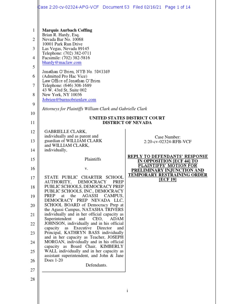 Reply To Defendants' Response in Opposition To Motion For Preliminary Injunction | PDF | First ...