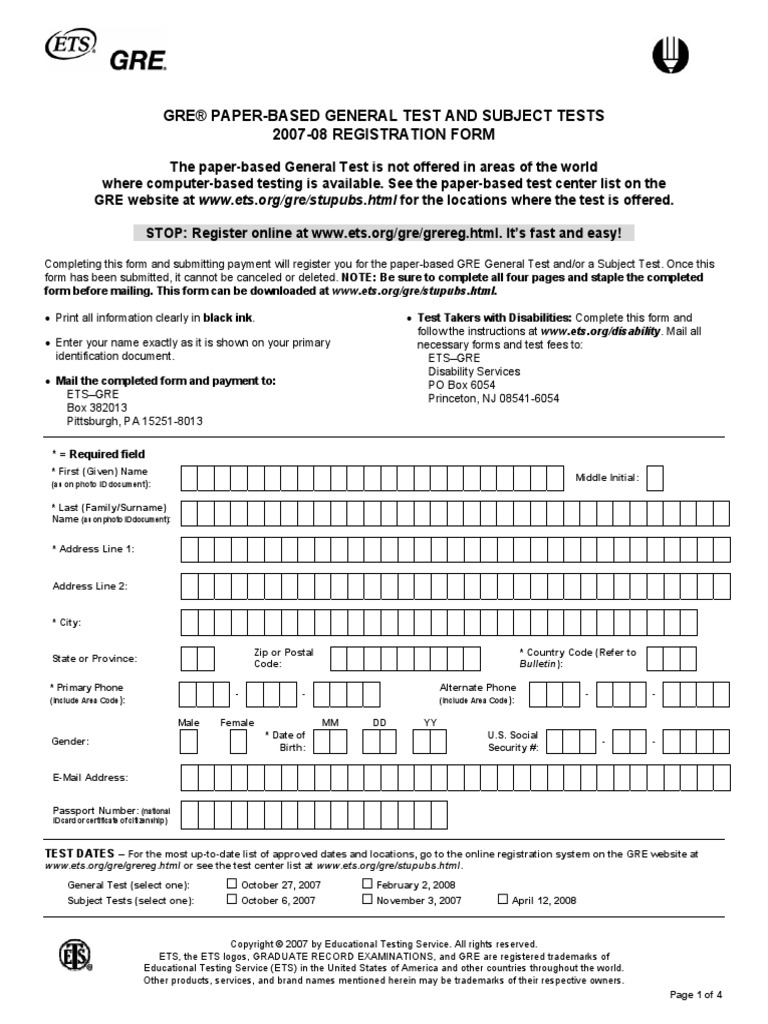 0708_gre_pbt_reg_form | PDF | Graduate Record Examinations | Credit Card