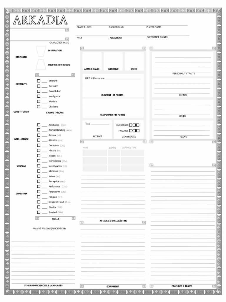Arkadia Character Sheet (Printer Friendly) | PDF