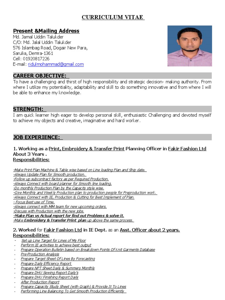 Curriculum Vitae: Present &mailing Address | PDF | Bangladesh | Business