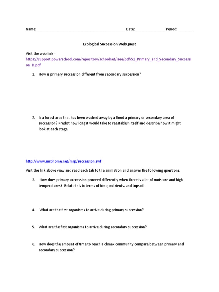 Ecological Succession WebQuest-1 | PDF