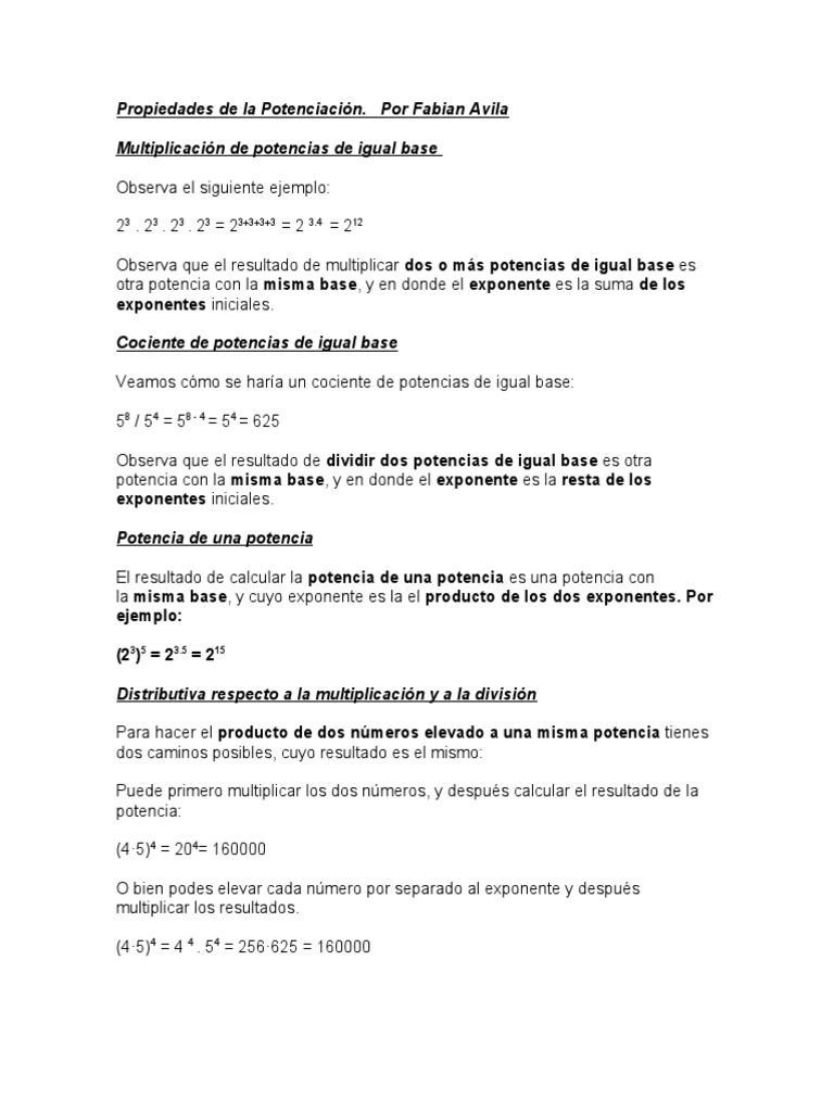 Propiedades de La Potenciación | PDF | Exponenciación | Multiplicación