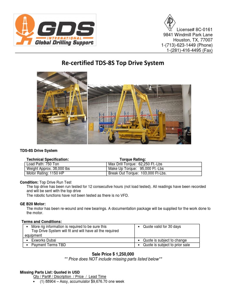 Re-Certified TDS-8S Top Drive System | PDF | Vehicle Technology ...