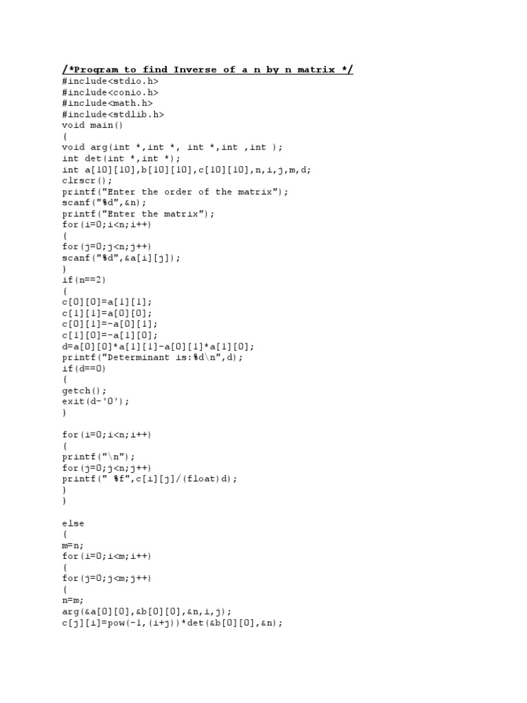 Inverse Matrix Calculation in C | PDF
