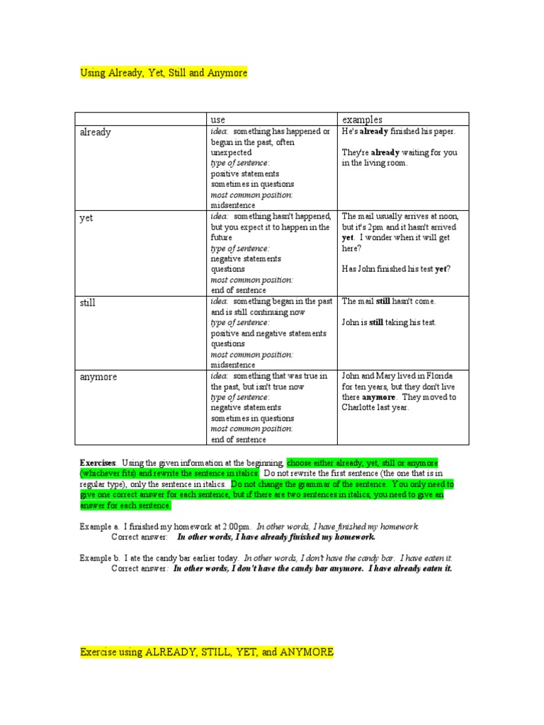 EXERCISE Already Yet Still Anymore | PDF | Language Mechanics | Grammar