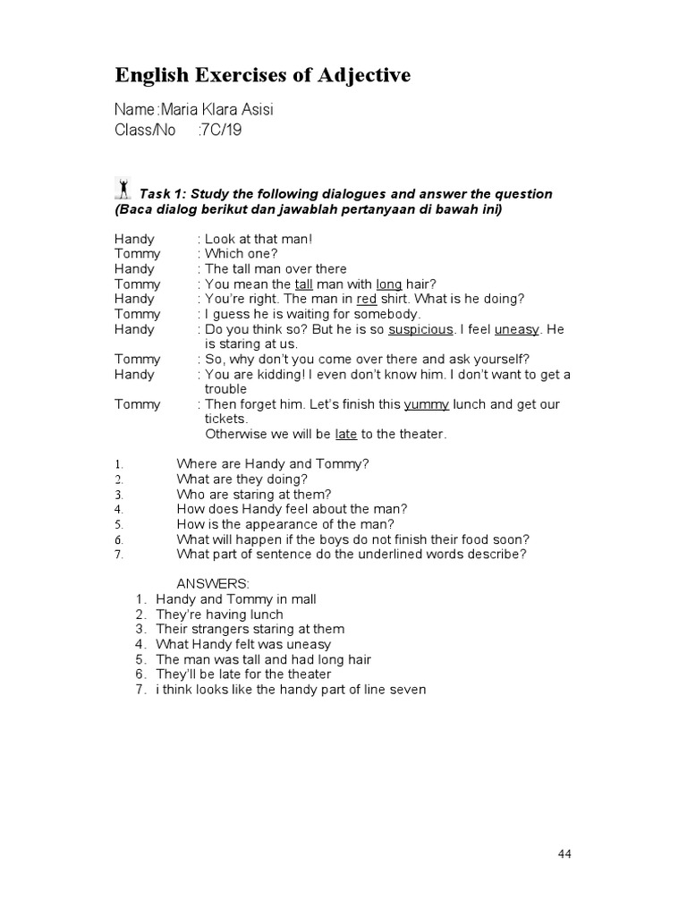English Exercises of Adjective: Name:Maria Klara Asisi Class/No:7C/19 | PDF
