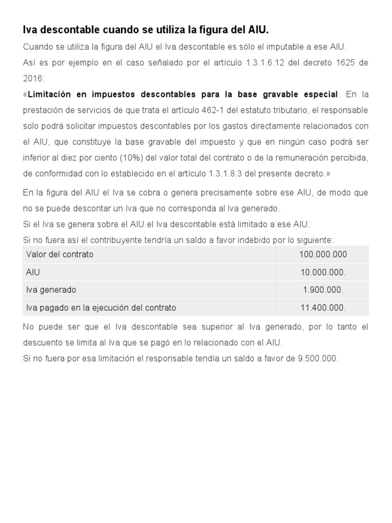 Iva Descontable Cuando Se Utiliza La Figura Del AIU | PDF