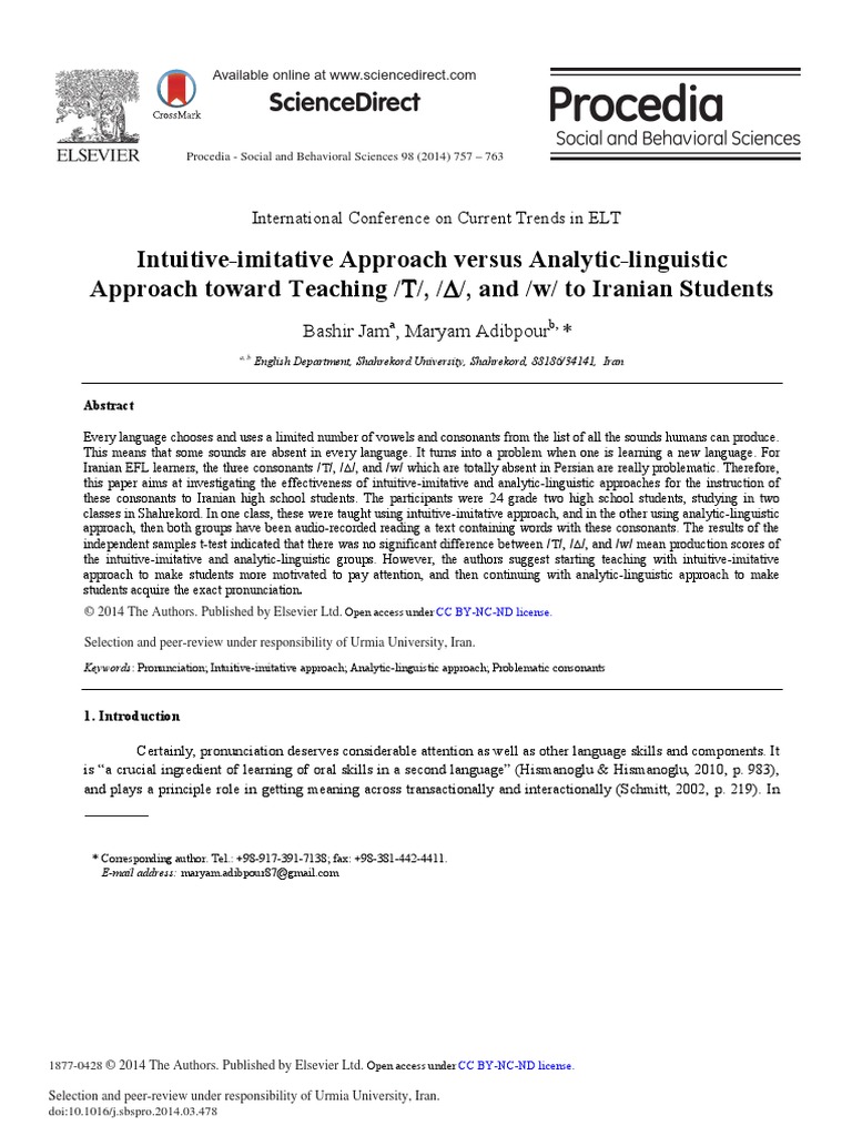 Intuitive-imitative Approach Versus Analytic-linguistic Approach toward Teaching - T -, - Δ ...