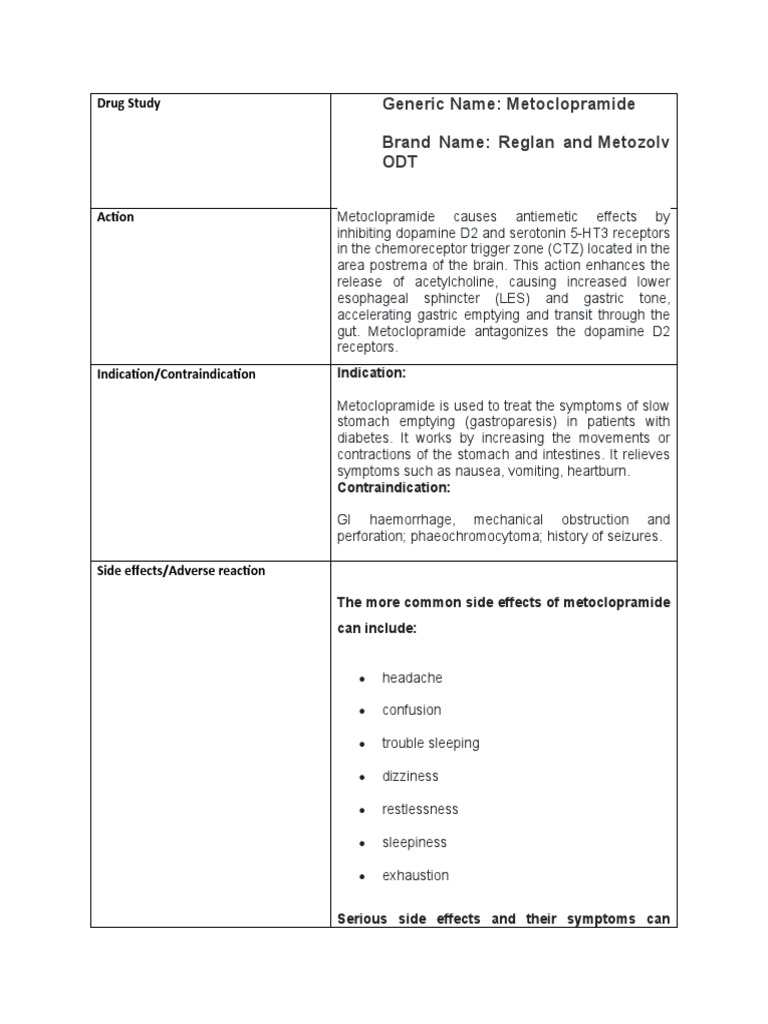 Generic Name: Metoclopramide Brand Name: Reglan and Metozolv ODT | PDF ...