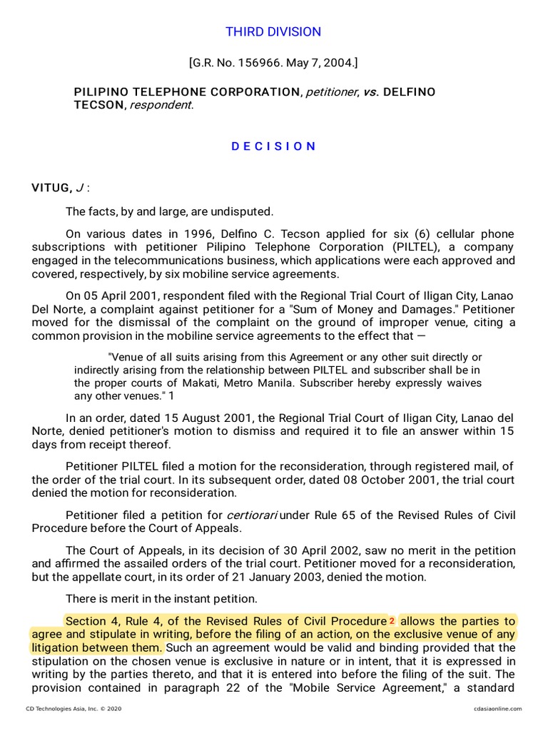 Piltel v. Tecson | PDF | Lawsuit | Complaint