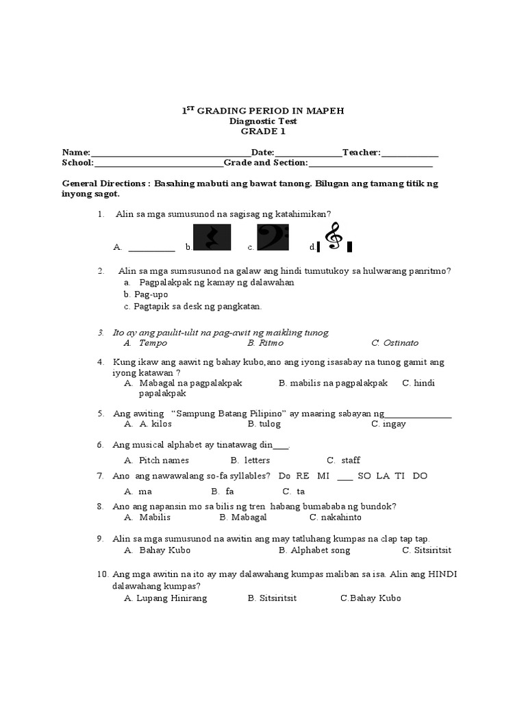 MUSIC Grade 1 1st SEM PRE DIAGNOSTIC TEST | PDF