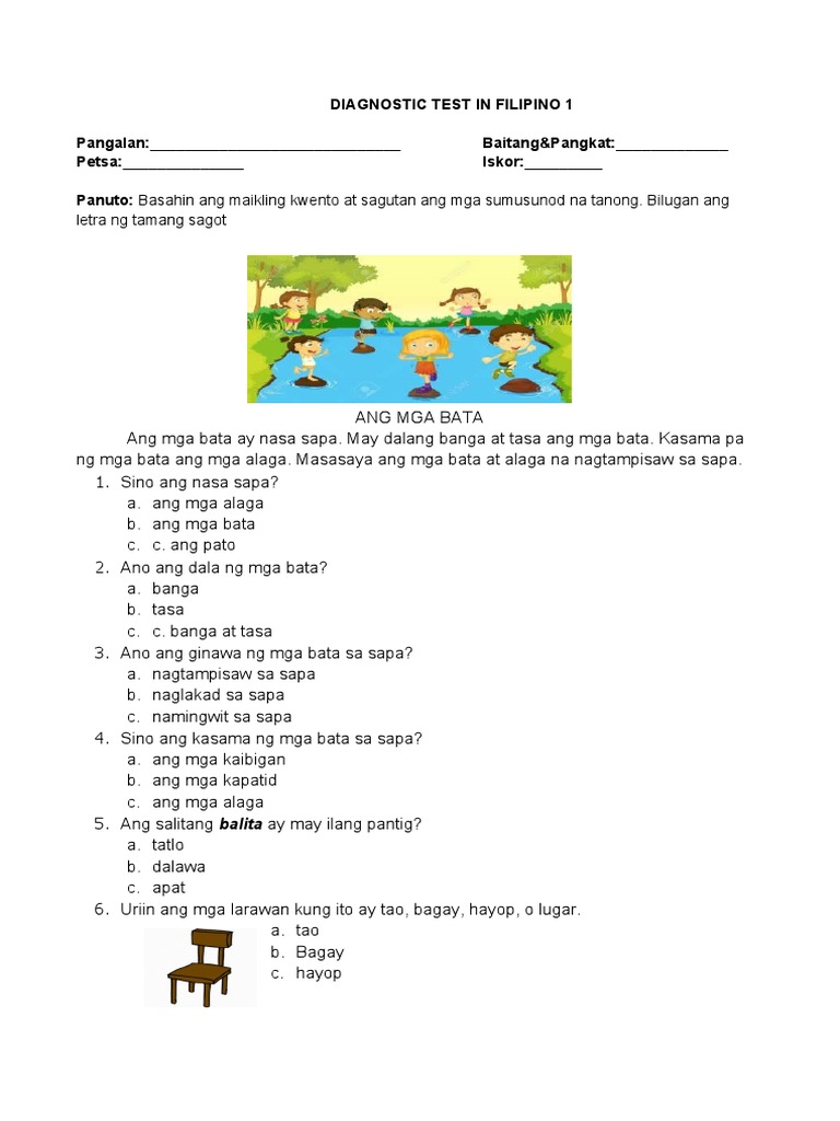 Diagnostic Test in Filipino 1 | PDF