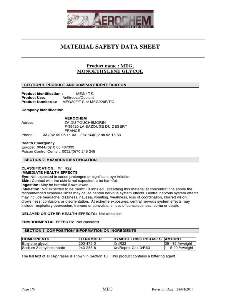 Material Safety Data Sheet: Product Name: MEG, Monoethylene Glycol ...