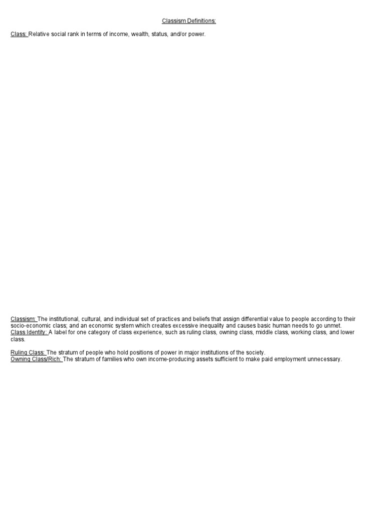 Classism Definitions: Class: Relative Social Rank in Terms of Income ...