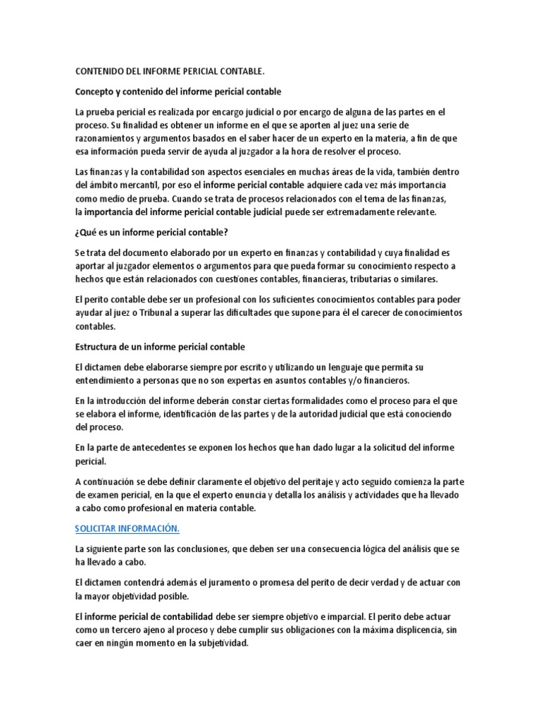 Informe Pericial Contable: Estructura y Función | PDF | Testigo experto ...