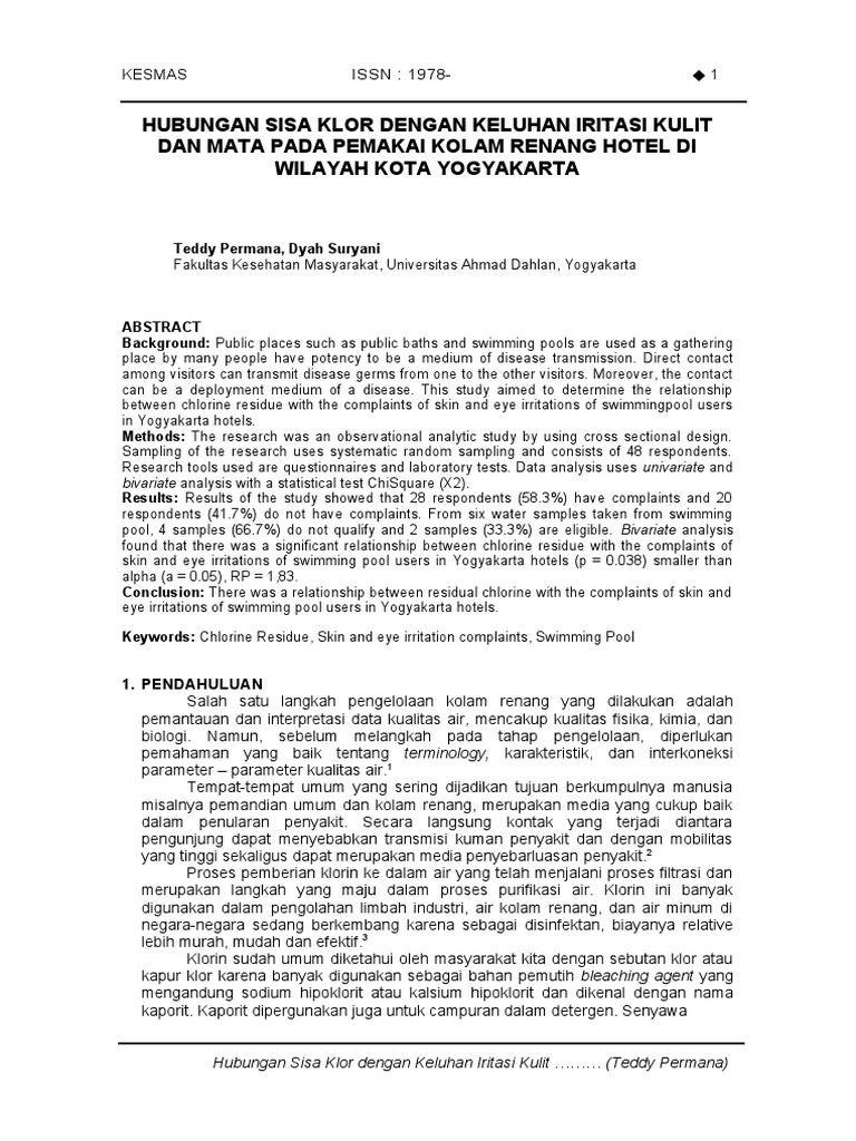 ID Hubungan Sisa Klor Dengan Keluhan Iritasi Kulit Dan Mata Pada Pemakai Kolam Rena Dikonversi ...
