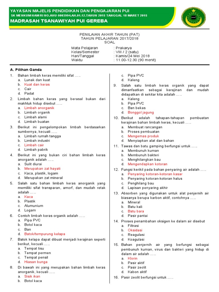 Soal Pat Prakarya Kelas 8 Tahun 2018 | PDF
