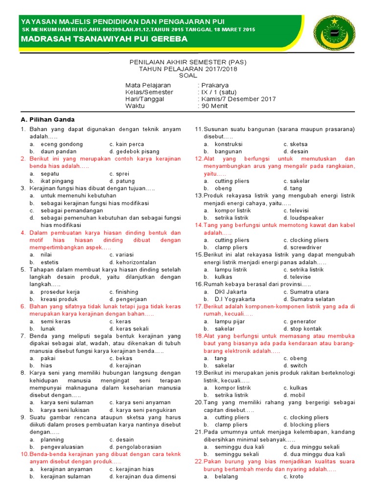 Soal PAS Prakarya Kelas 9 Tahun 2017 | PDF