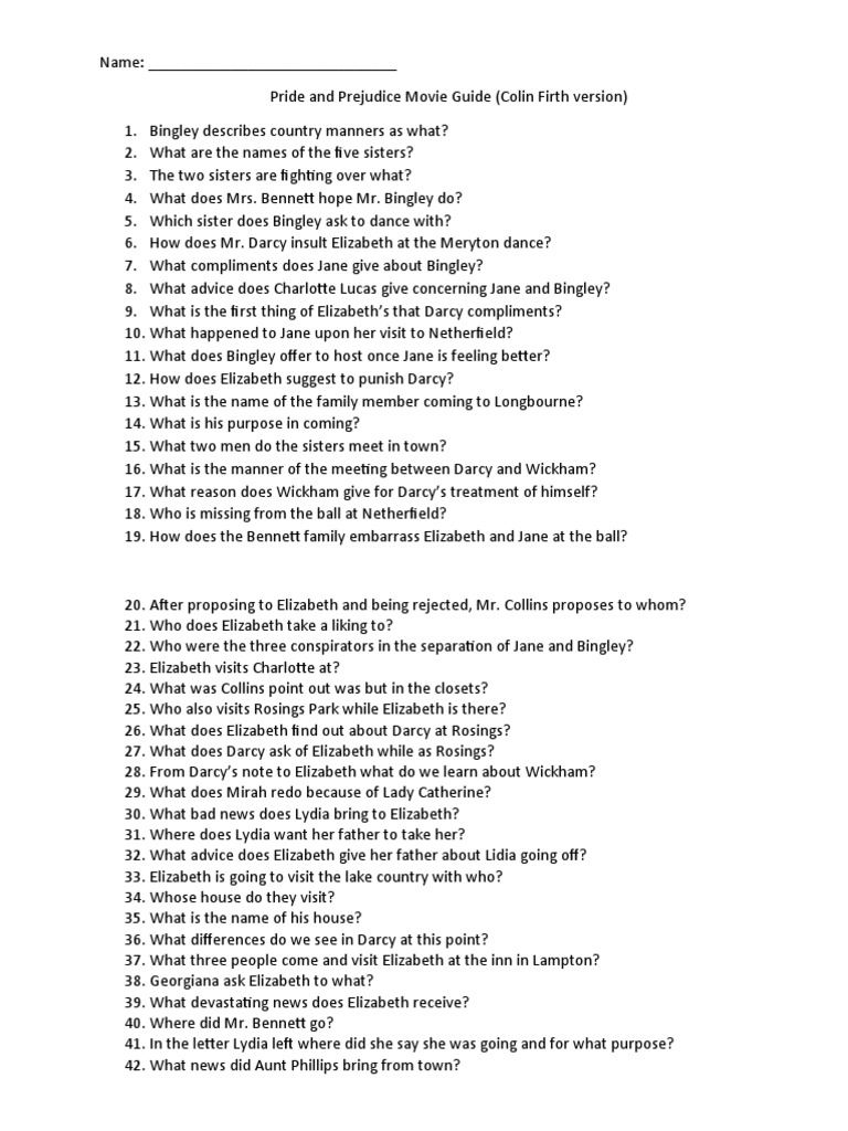 Pride and Prejudice Film Study Guide | PDF | Mr. Darcy | Pride And ...