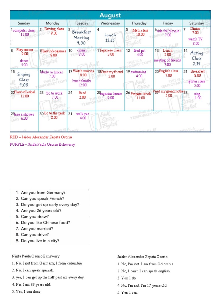 Calendario y Preguntas - Jaider Alexander Zapata Osorio - Ninfa Paola ...