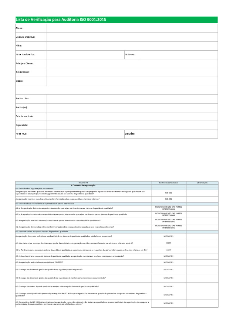 Check List Iso 9001 2015 | PDF | ISO 9000 | Qualidade (negócios) Check List Iso 9001 2015 | PDF | ISO 9000 | Qualidade (negócios)