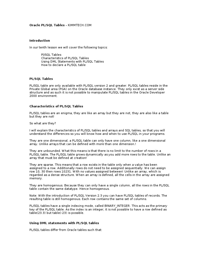 PL-SQL Tables | PDF | Pl/Sql | Sql