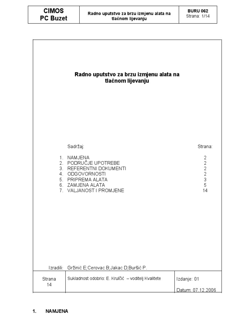 BURU 062-01 Radno Upustvo Za Brzu Izmjenu Alata Na Tlačnom Lijevanju | PDF