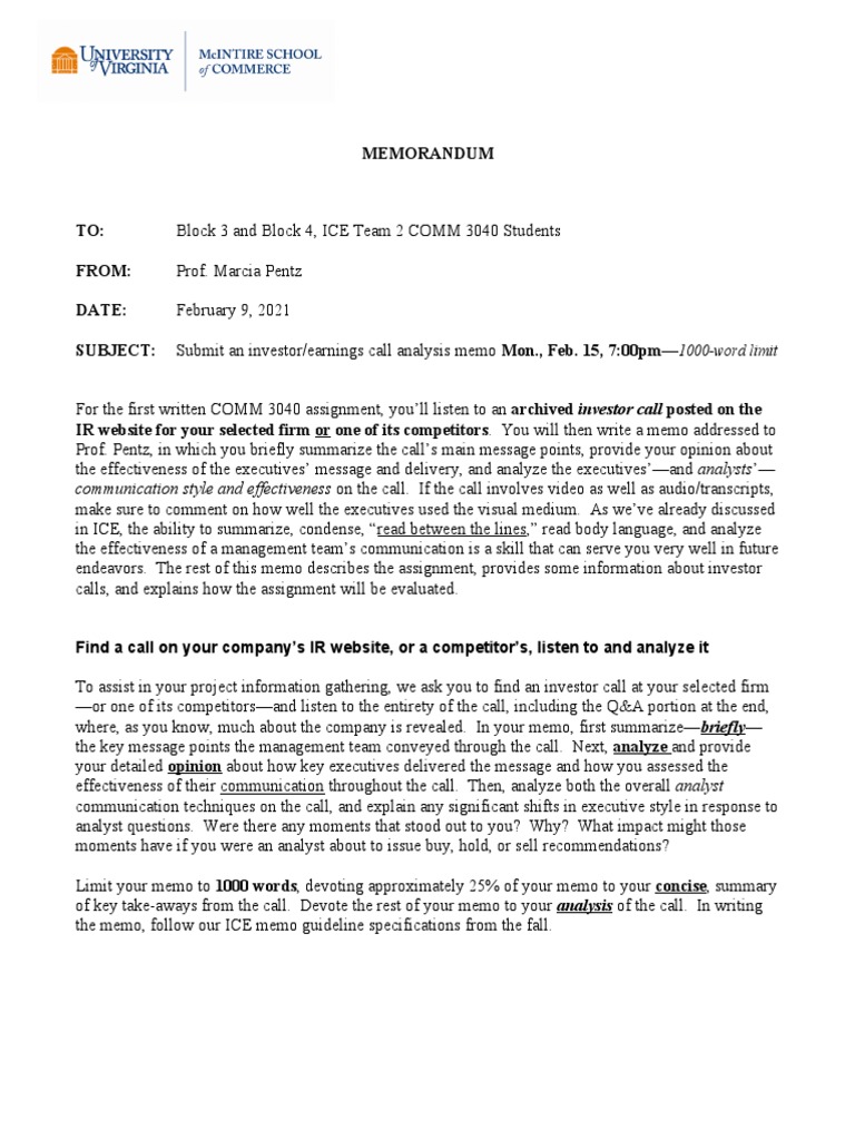 Investor-Earnings Call Memo Assignment With Rubric - 2021 | PDF ...