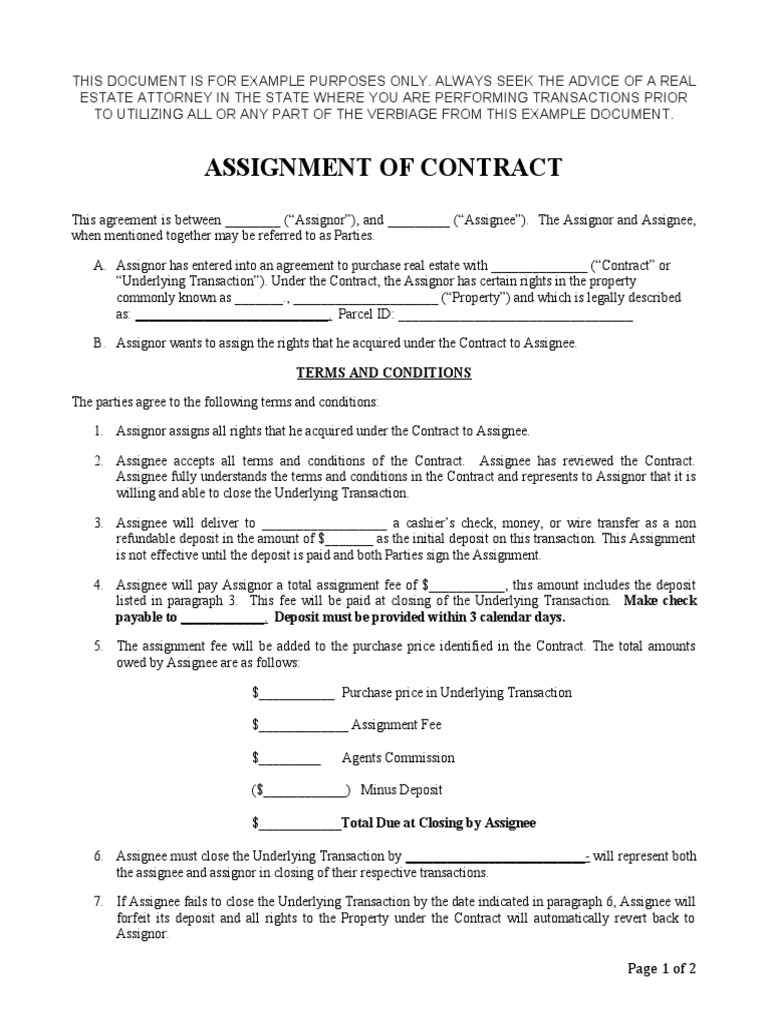 Real Estate Assignment Agreement Sample | PDF | Assignment (Law ...