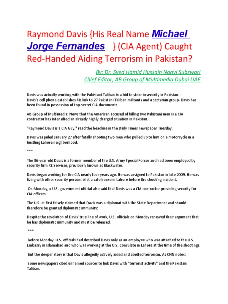Raymond Davis (His Real Name Michael Jorge Fernandes ) (CIA Agent ...