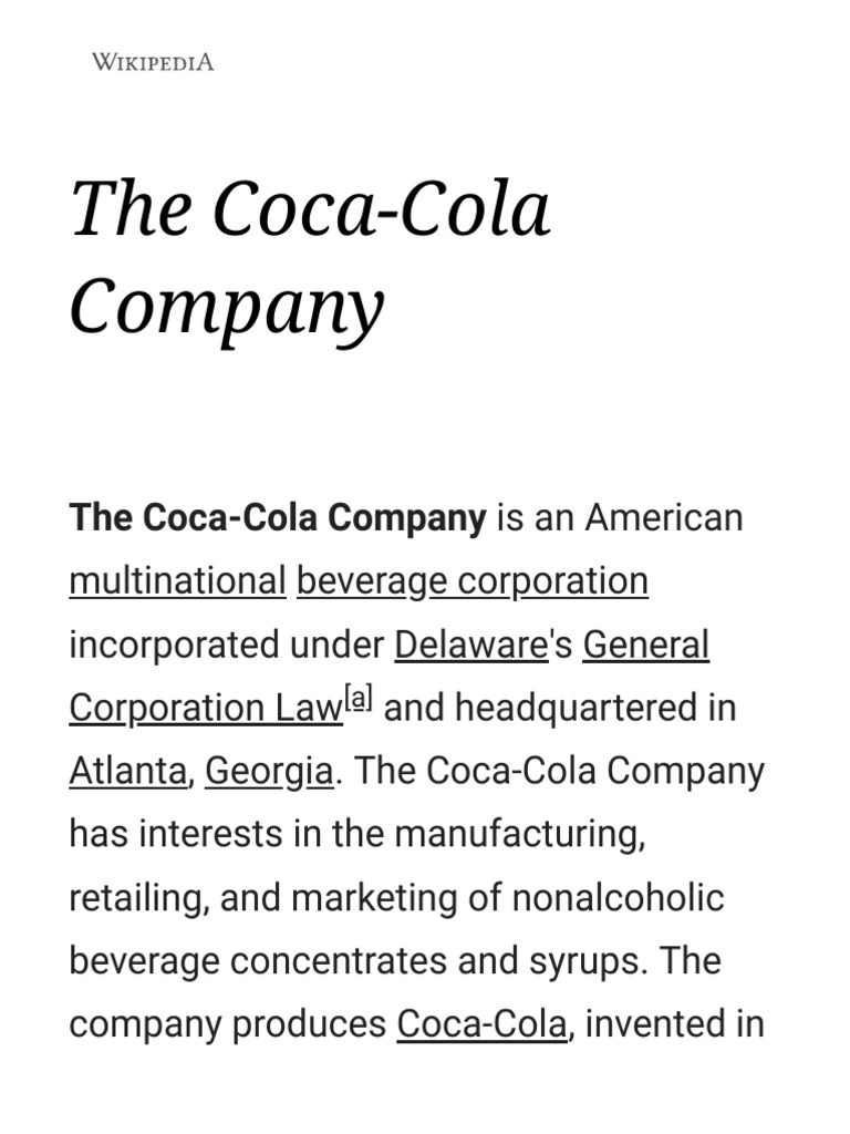 The Coca-Cola Company - Wikipedia | PDF | The Coca Cola Company | Drink