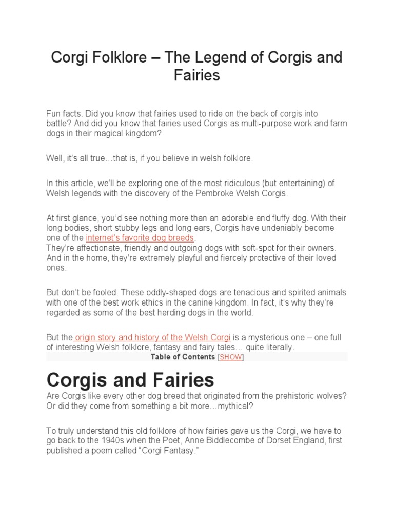 Corgi Folklore - The Legend of Corgis and Fairies | PDF | Fairies | Dogs