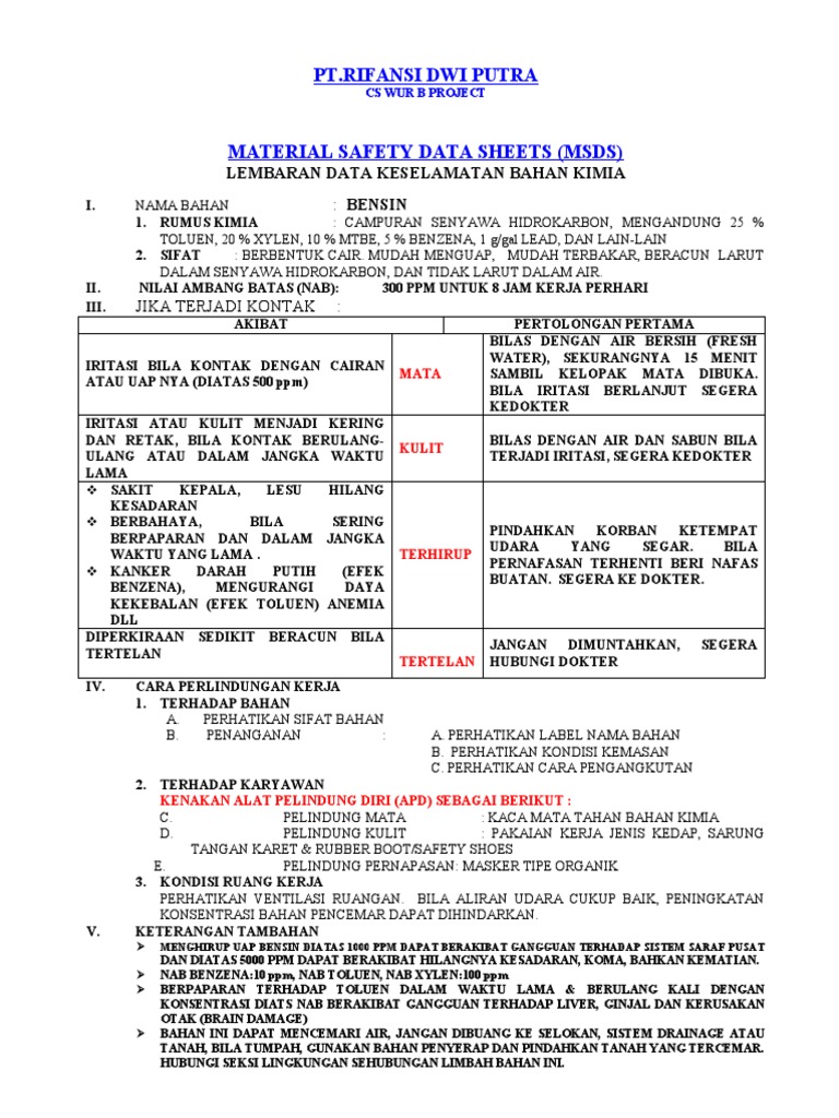 MSDS Bensin: Informasi Keselamatan Kimia | PDF