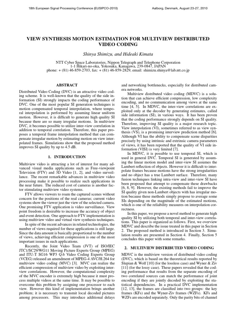 View Synthesis Motion Estimation For Multiview Distributed Video Coding | PDF | Data Compression ...