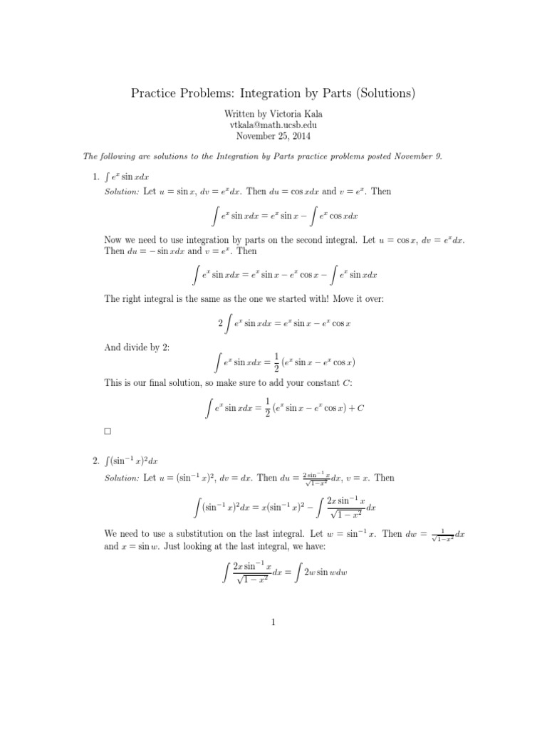 Practice Problems: Integration by Parts (Solutions) | PDF | Physical ...