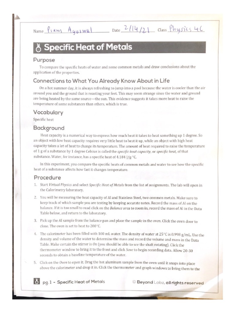 Specific Heats of Metals Labs | PDF