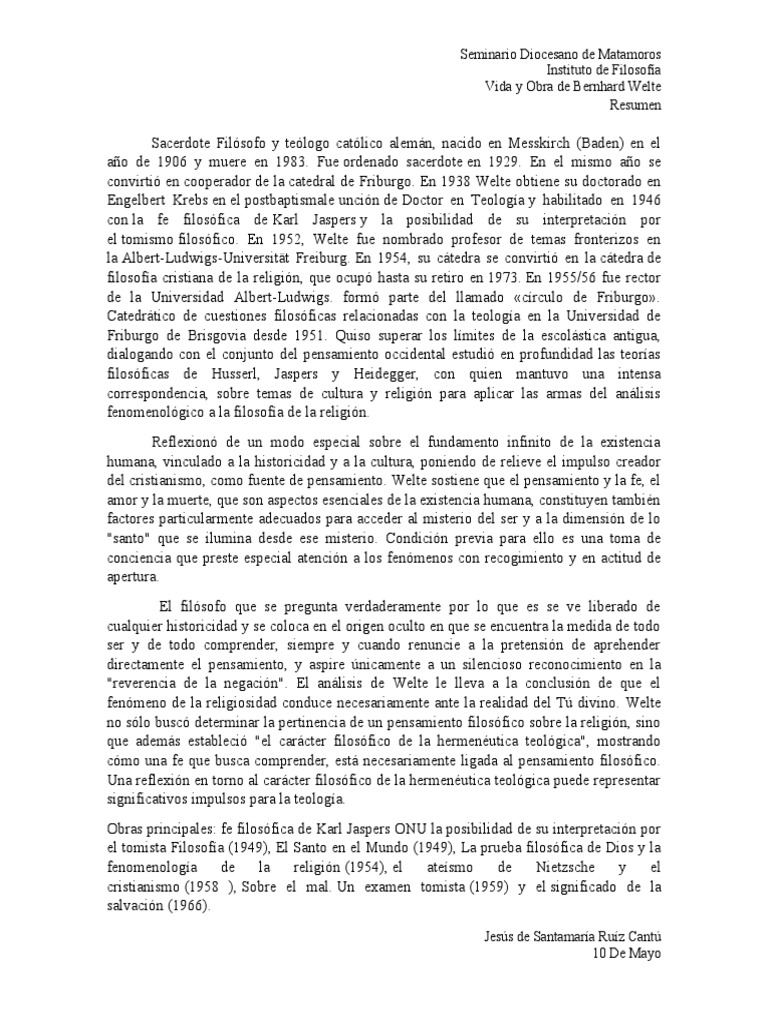 Vida y Obra de Bernhard Welte | PDF | Divinidad (disciplina académica ...