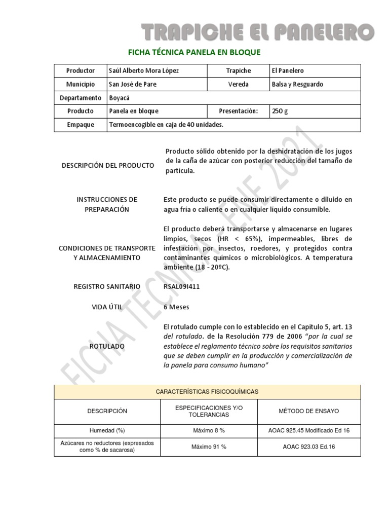 Ficha técnica de panela en bloque producida por Trapiche El Panelero ...