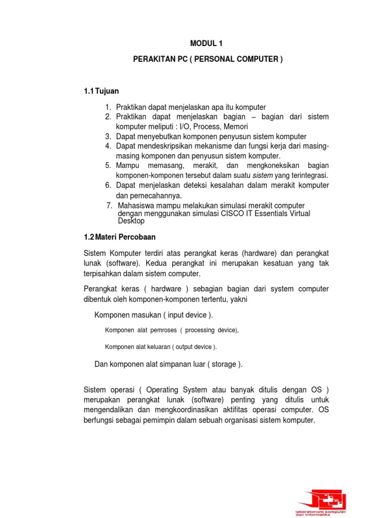 Modul 1 Perakitan PC Personal Computer | PDF | Komputer