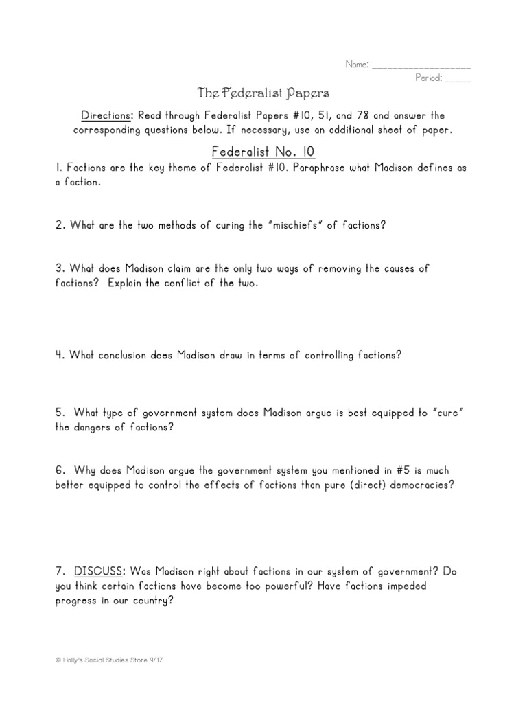 Federalist Papers Questions (Fillable PDF | PDF | Alexander Hamilton ...