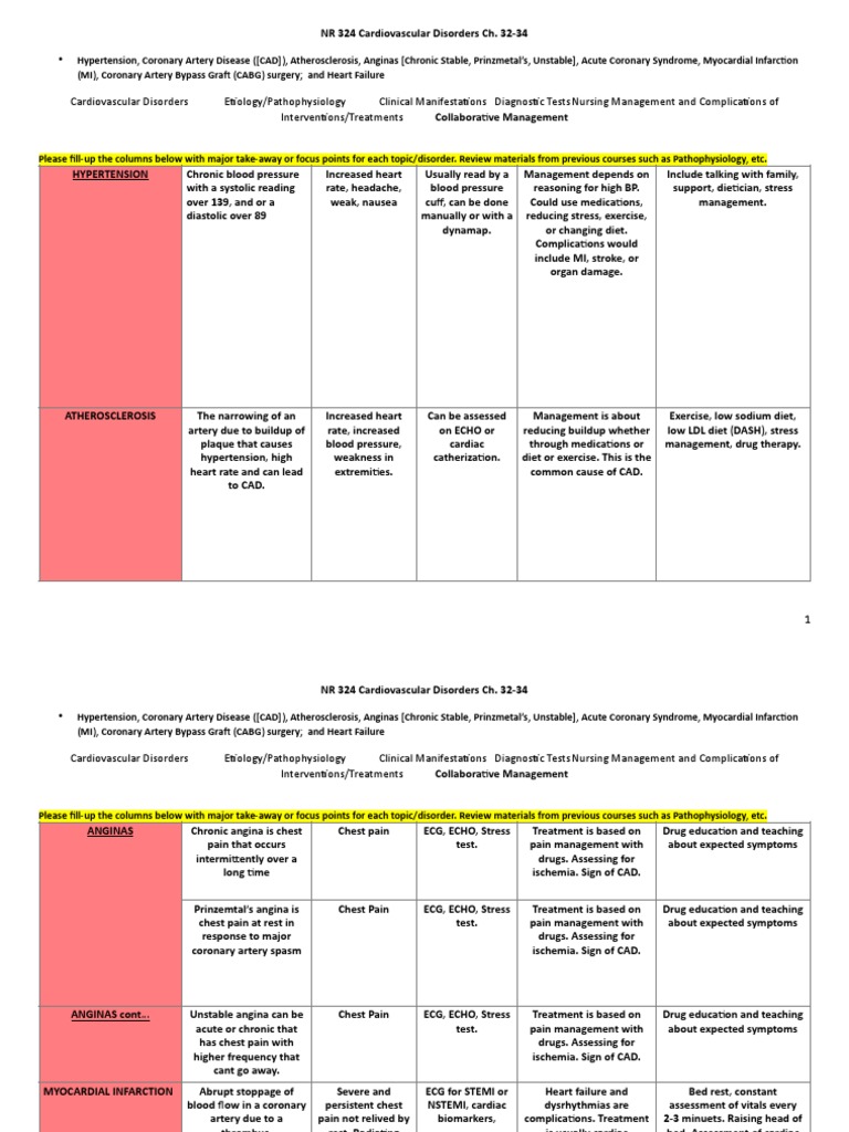 Cardiovascular Disorders Worksheet | PDF | Coronary Artery Disease ...