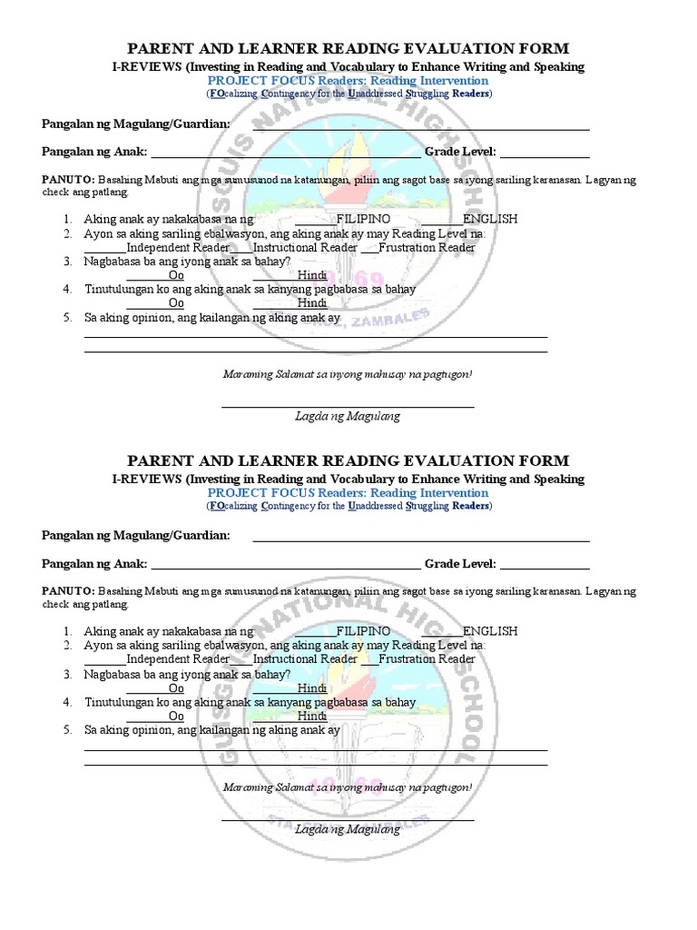 Parent and Learner Reading Evaluation Form | PDF