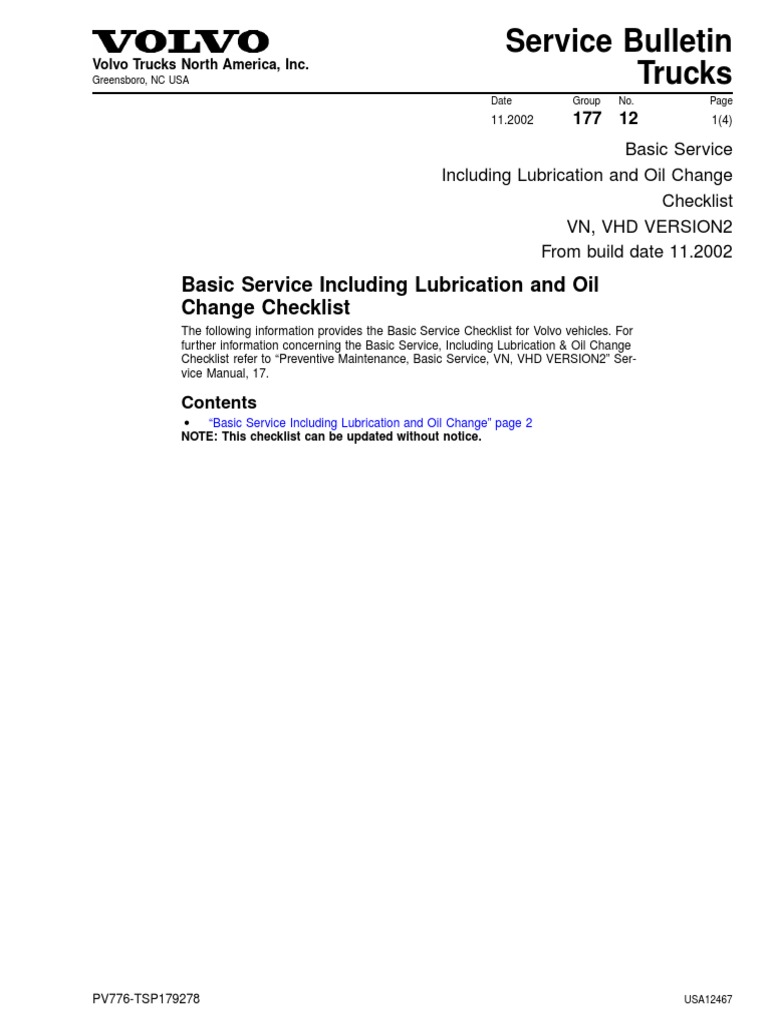 Service Bulletin Trucks: Basic Service Including Lubrication and Oil ...