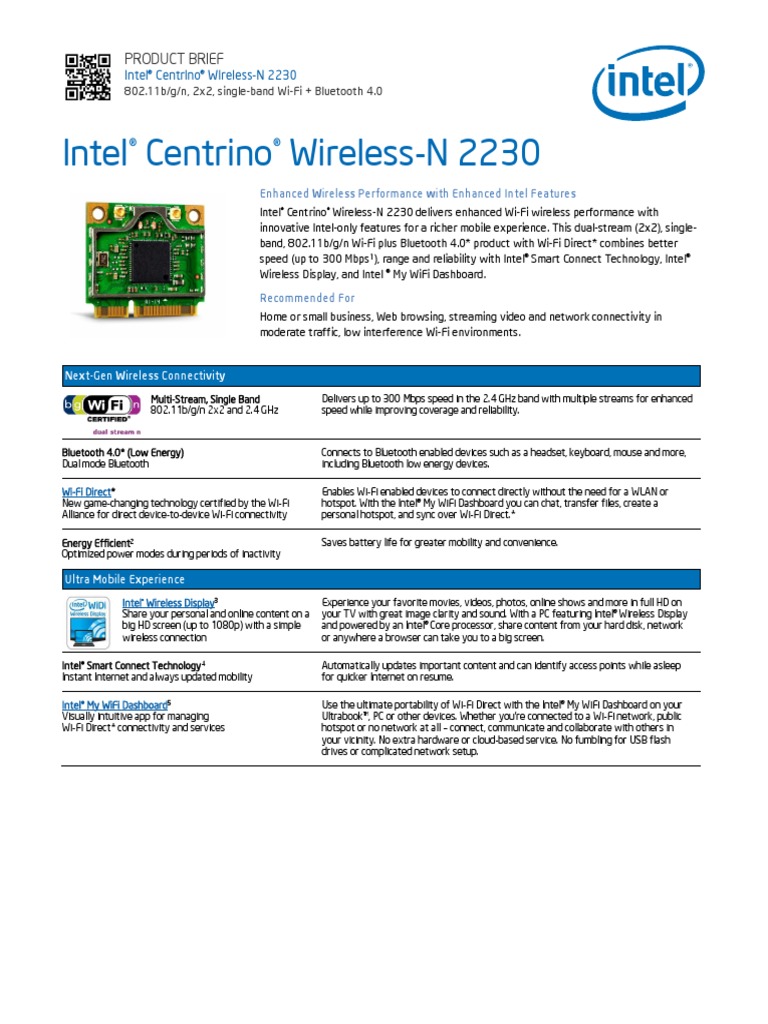 Intel Centrino Wireless-N 2230: Product Brief | PDF | Wi Fi | Ieee 802.11