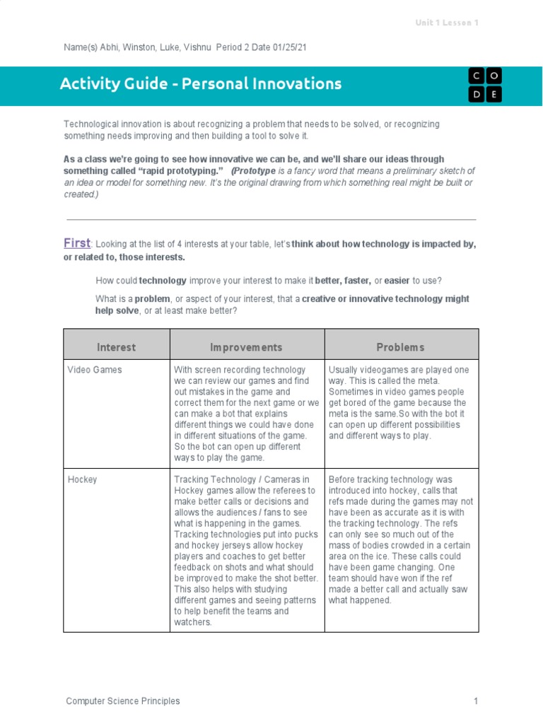 Personal Innovations - APCSP | PDF | Cognitive Science | Cognition